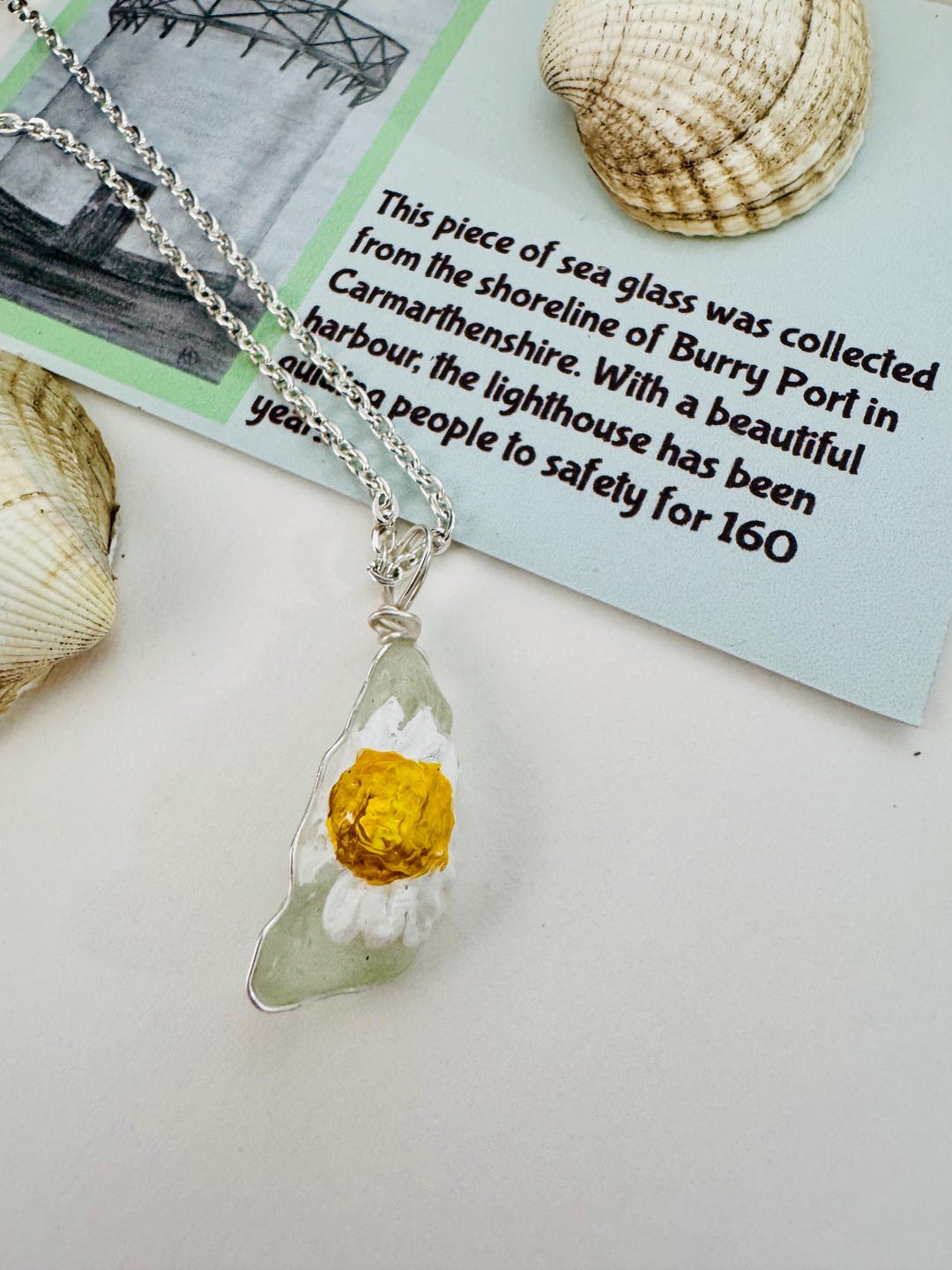 Welsh Sea Glass, Drop Necklace, Miniature Clay Daisy, Birth Month ...