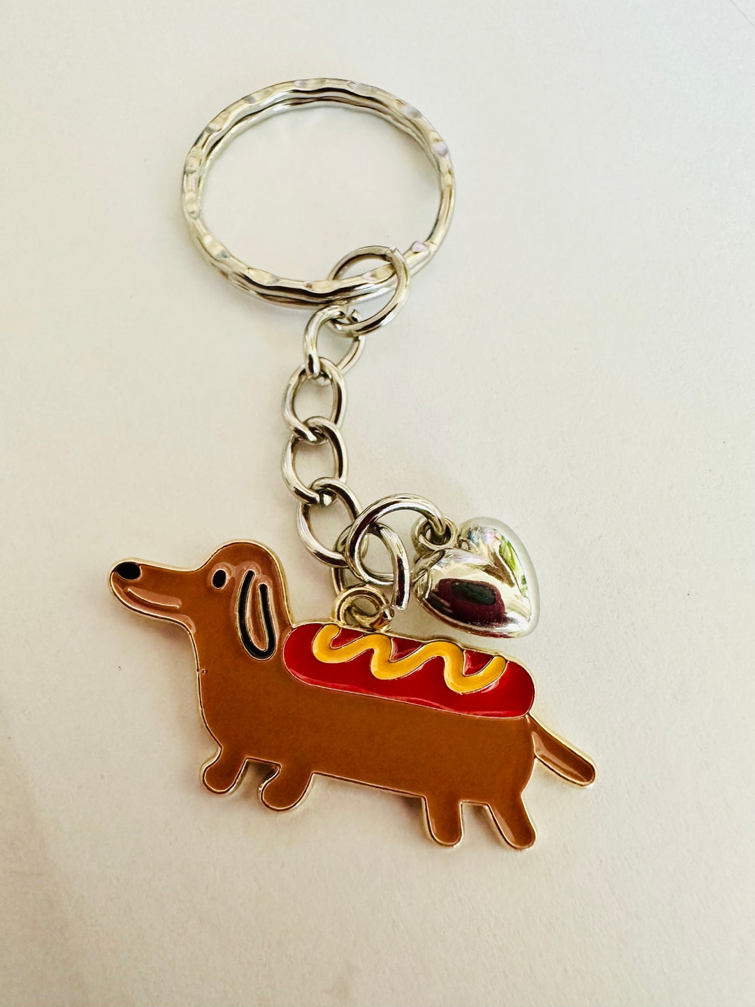 Mini Sausage Dog as a Hot Dog With Heart Metal & Enamel Novelty Key ...