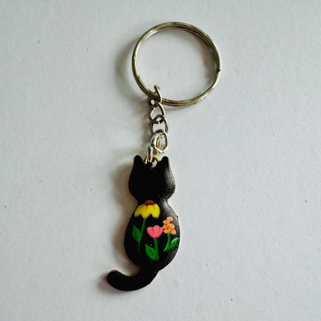 Mini Black Cat and Flowers Metal & Enamel Novelty Key Ring - Etsy