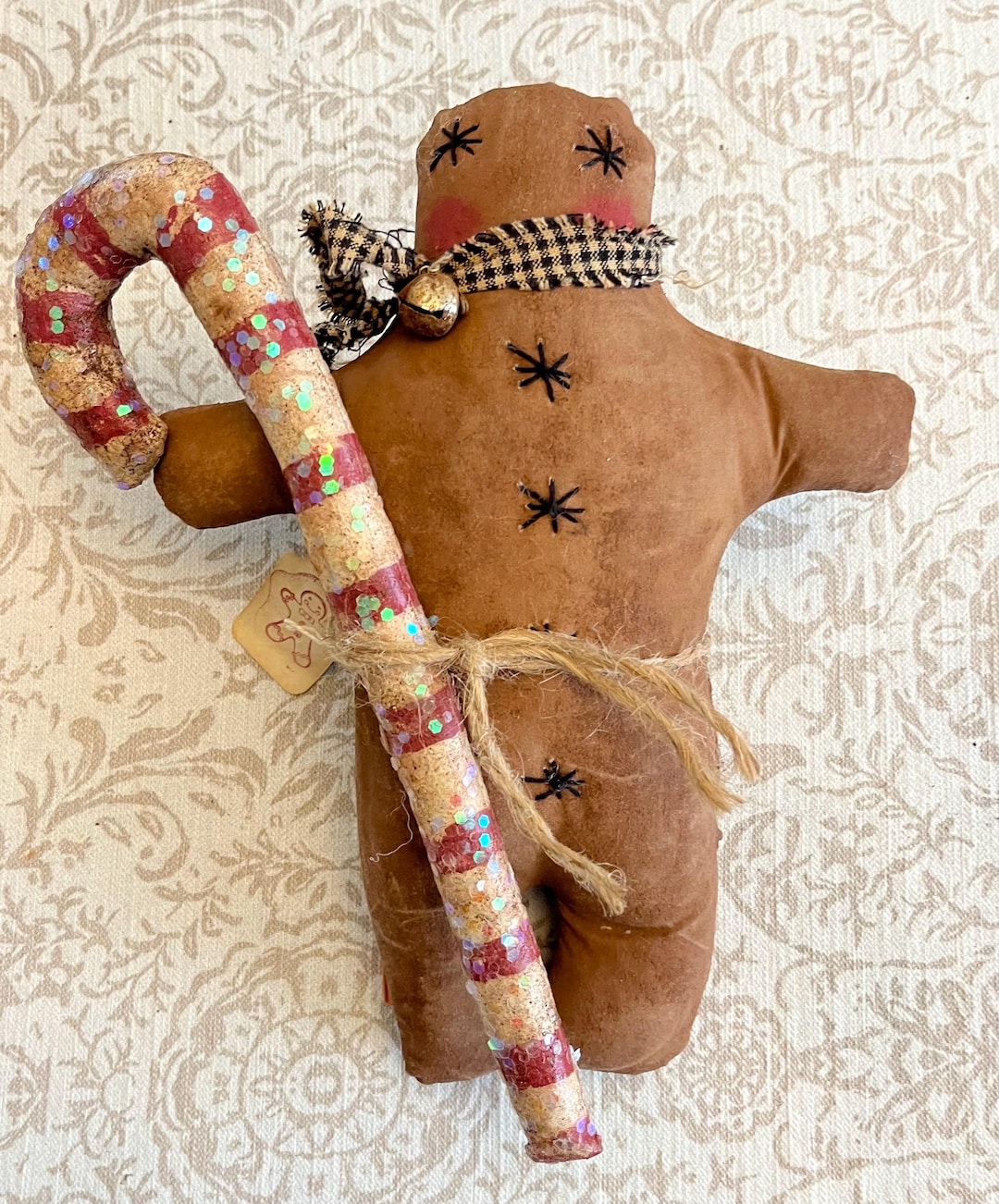 Gingerbread Man With Candy Cane Primitive Folk Art Christmas Decoration ...