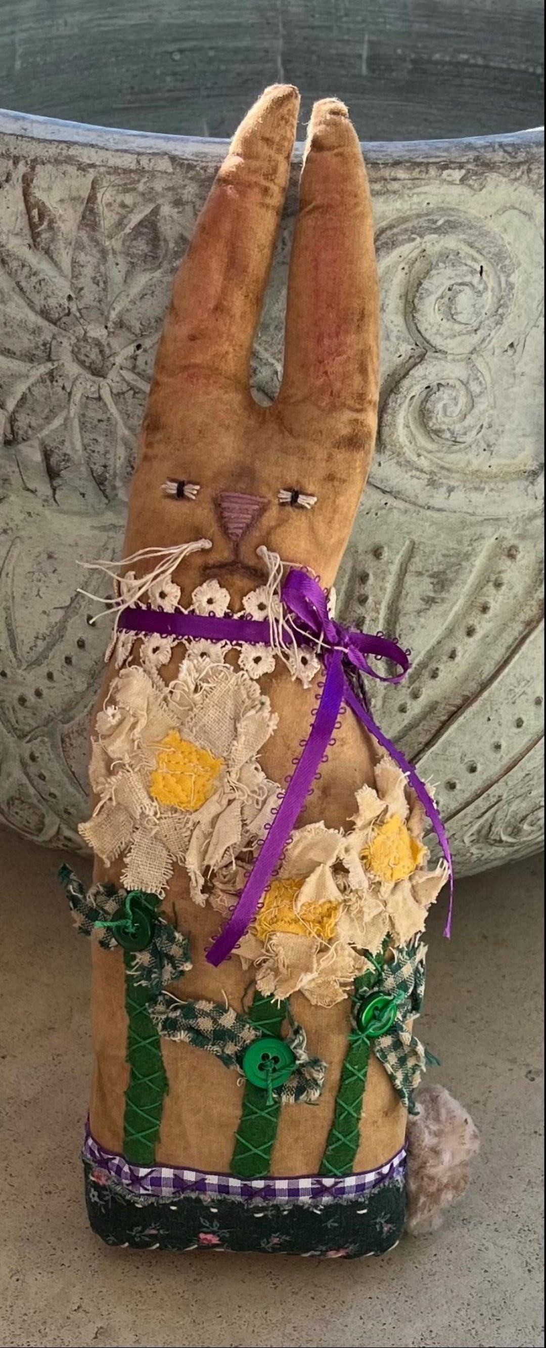Easter Bunny Primitive Folk Art Plush Decoration Handmade Flower Dress ...