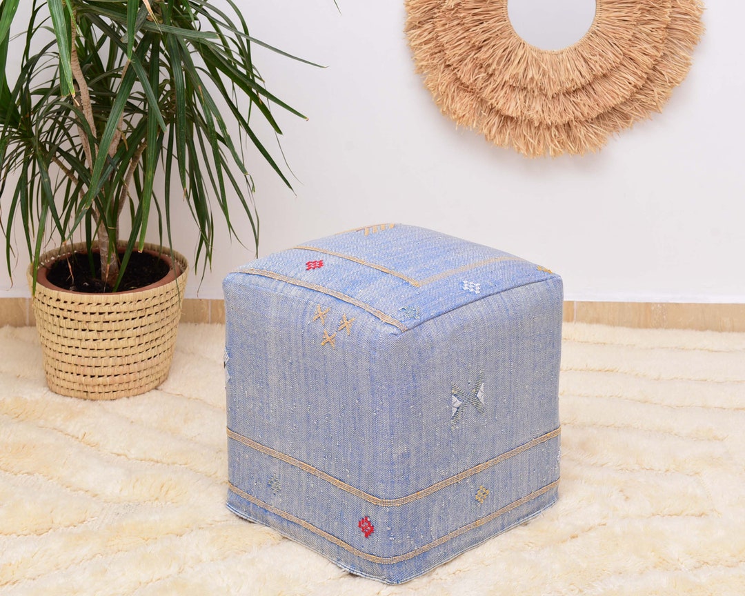 Ottoman Pouf, Cactus Silk Pouf, Moroccan Pouf Stuffed, Indigo Blue ...