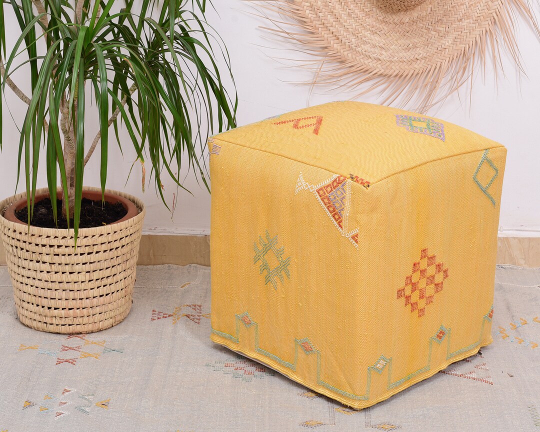 Sabra Pouf, Moroccan Pouf Filled, Mustard Yellow Ottoman, Square Pouf ...