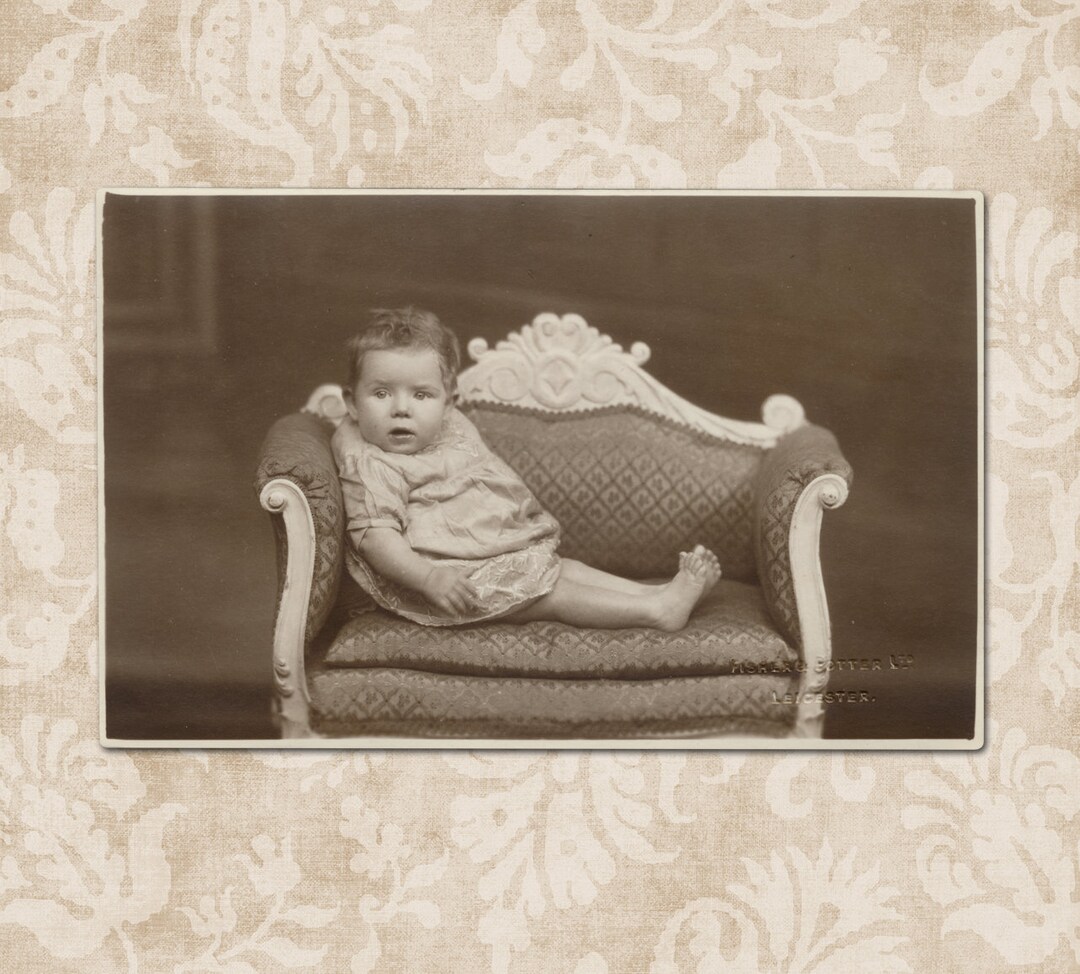 Cute Baby on a Mini Sofa - Antique Edwardian Photo Postcard From the ...