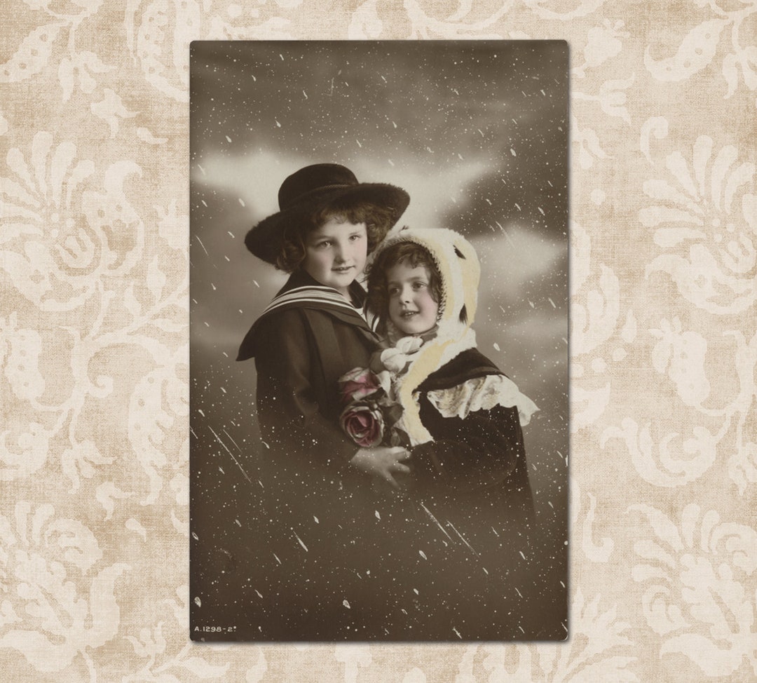 Cute Couple of Children in the Swirling Snow - UNUSED Original Vintage ...