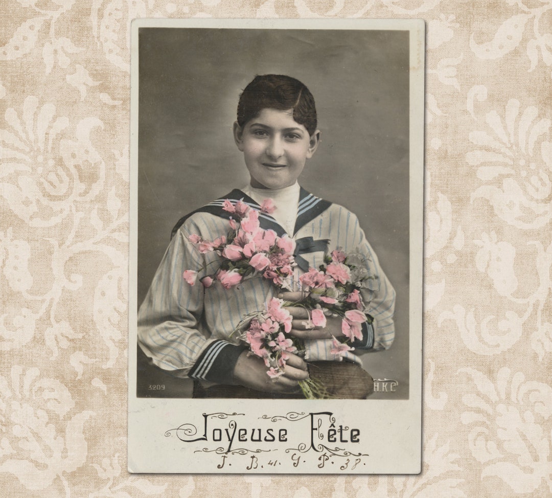 Boy in Sailor Suit Brings Flowers - Original Vintage French Postcard ...