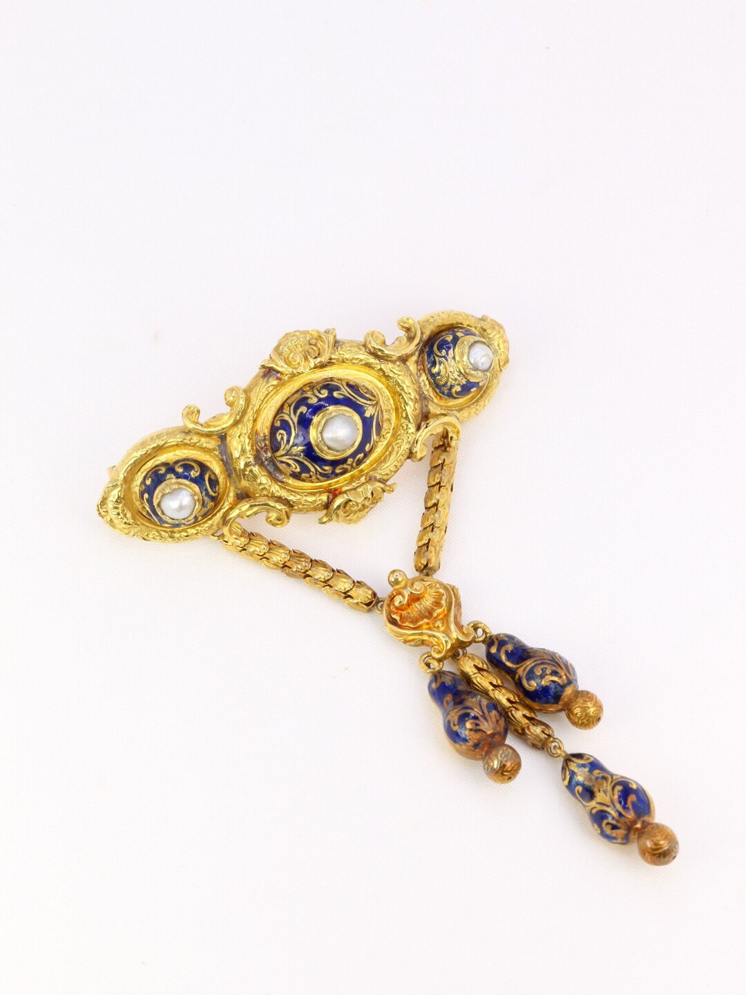 Antique Napoleon III Brooch in Gold, Pearls and Blue Enamel - Etsy