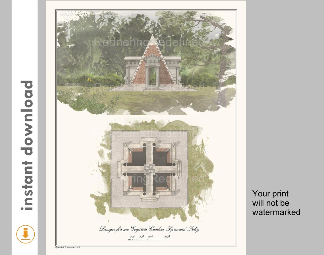 Garden Folly Print – English Garden Pyramid Folly. Printable Poster ...