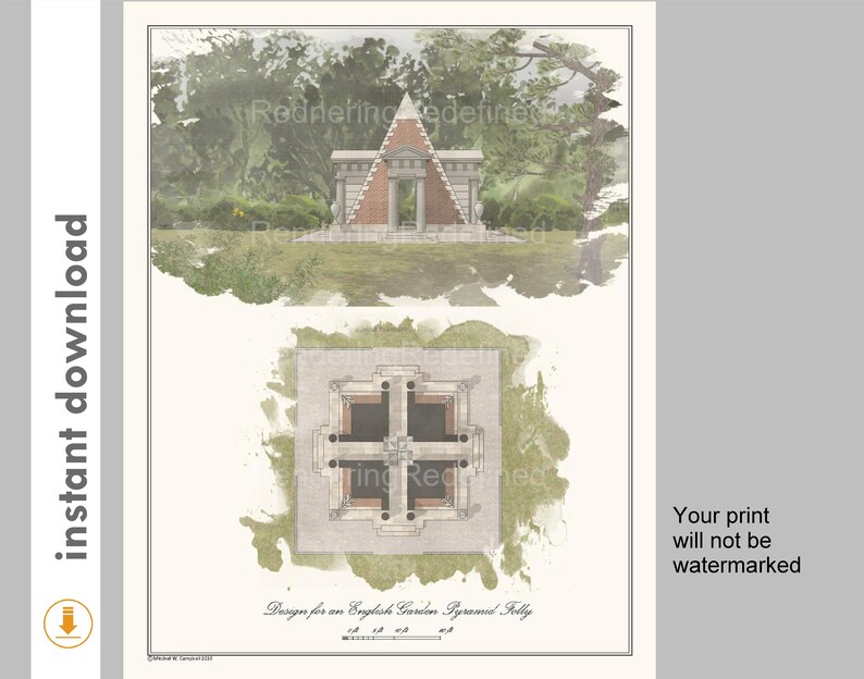 Garden Folly Print – English Garden Pyramid Folly. Printable Poster ...