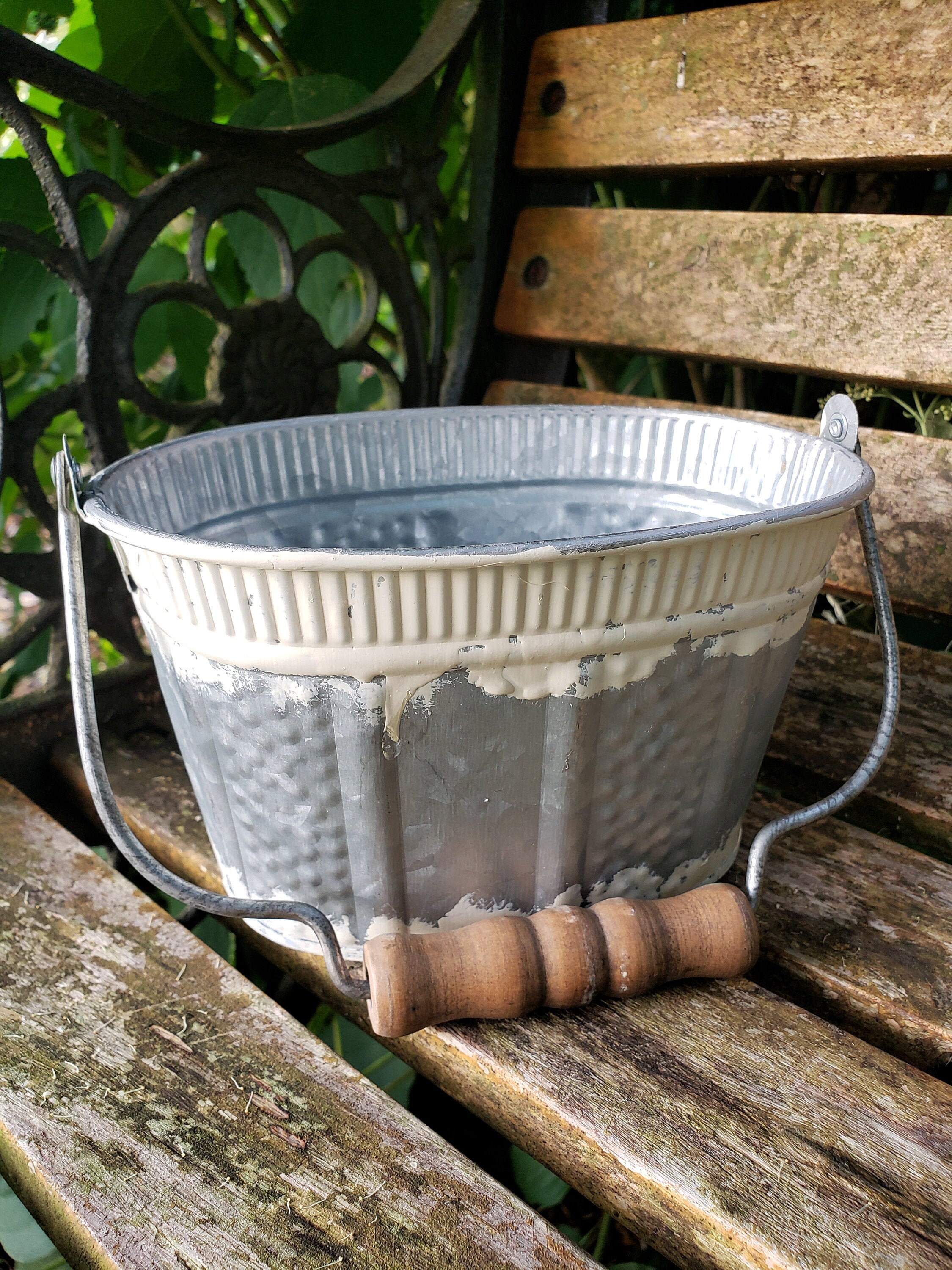 Rustic country farmhouse bucket with wood handle Galvanized | Etsy