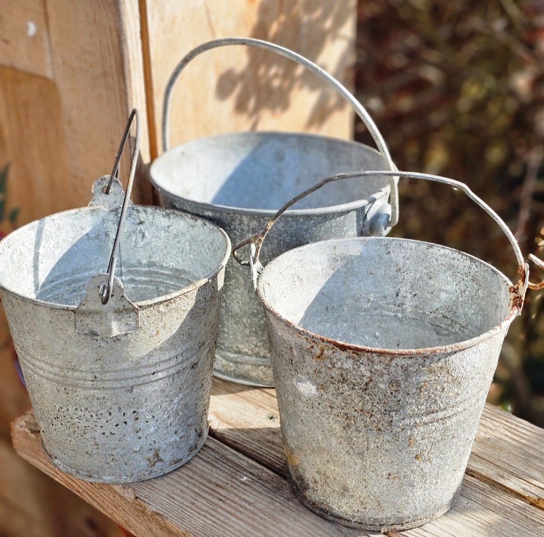 Old Metal Buckets, Set of 3, Flower Pots, Porch Decor, Barn Find, Metal ...