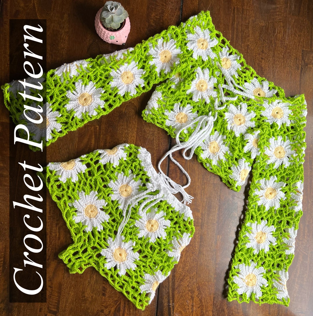 Daisy CROCHET PATTERN, Crochet Daisy Shorts, Bell Sleeve Top, Crochet ...