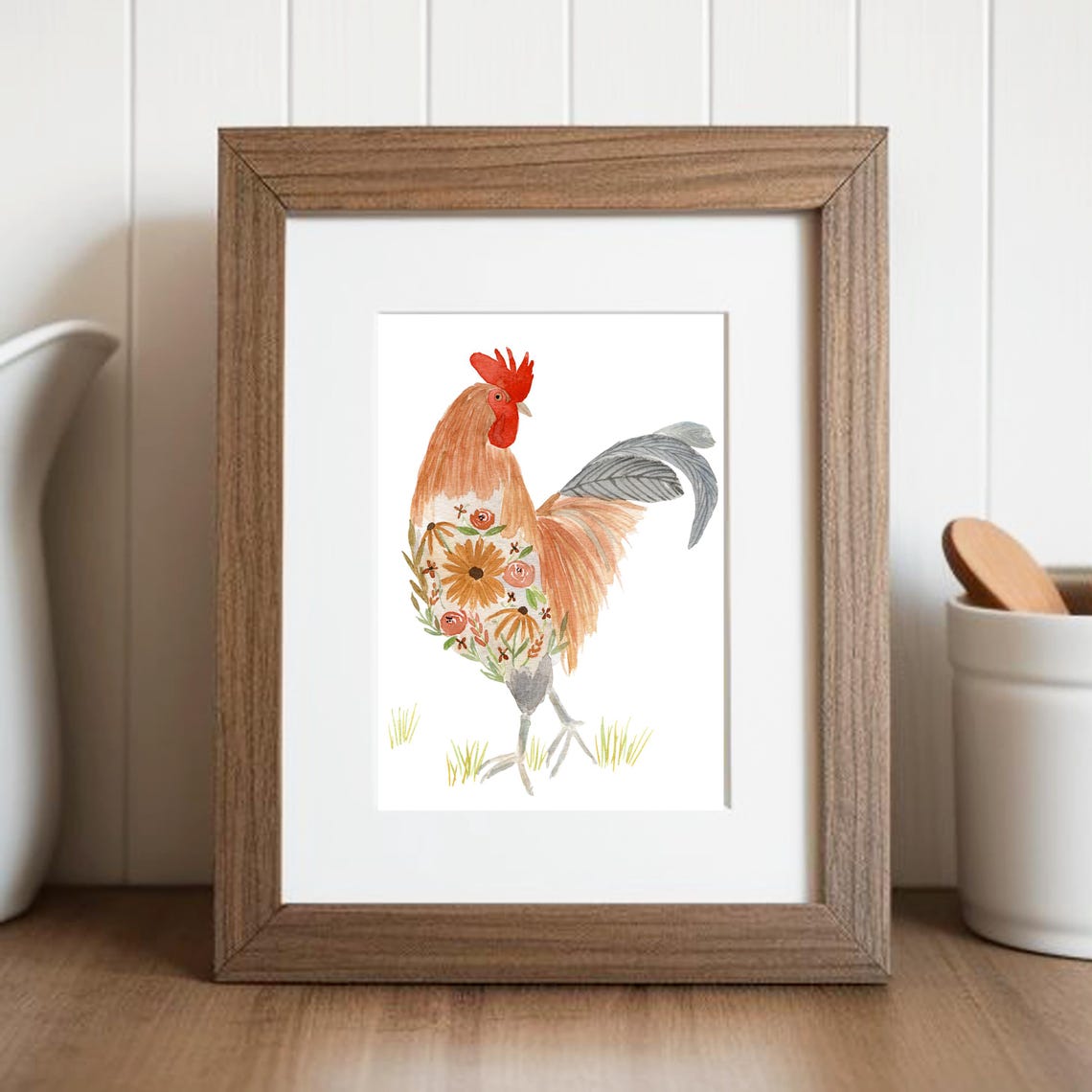 Floral Rooster Print, Rooster Painting, Rooster Art, Watercolor Rooster ...