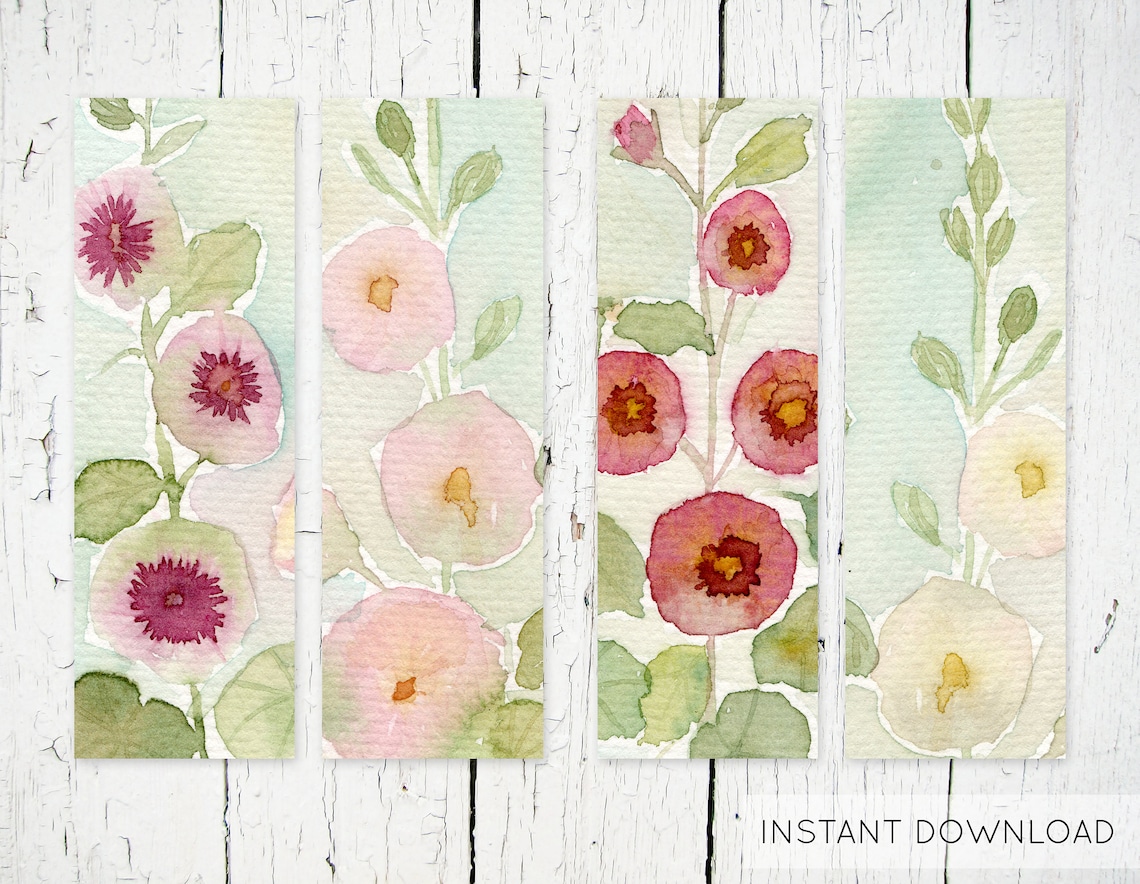 Flower Bookmarks, Printable Bookmark Set, Hollyhock Art, Watercolor ...