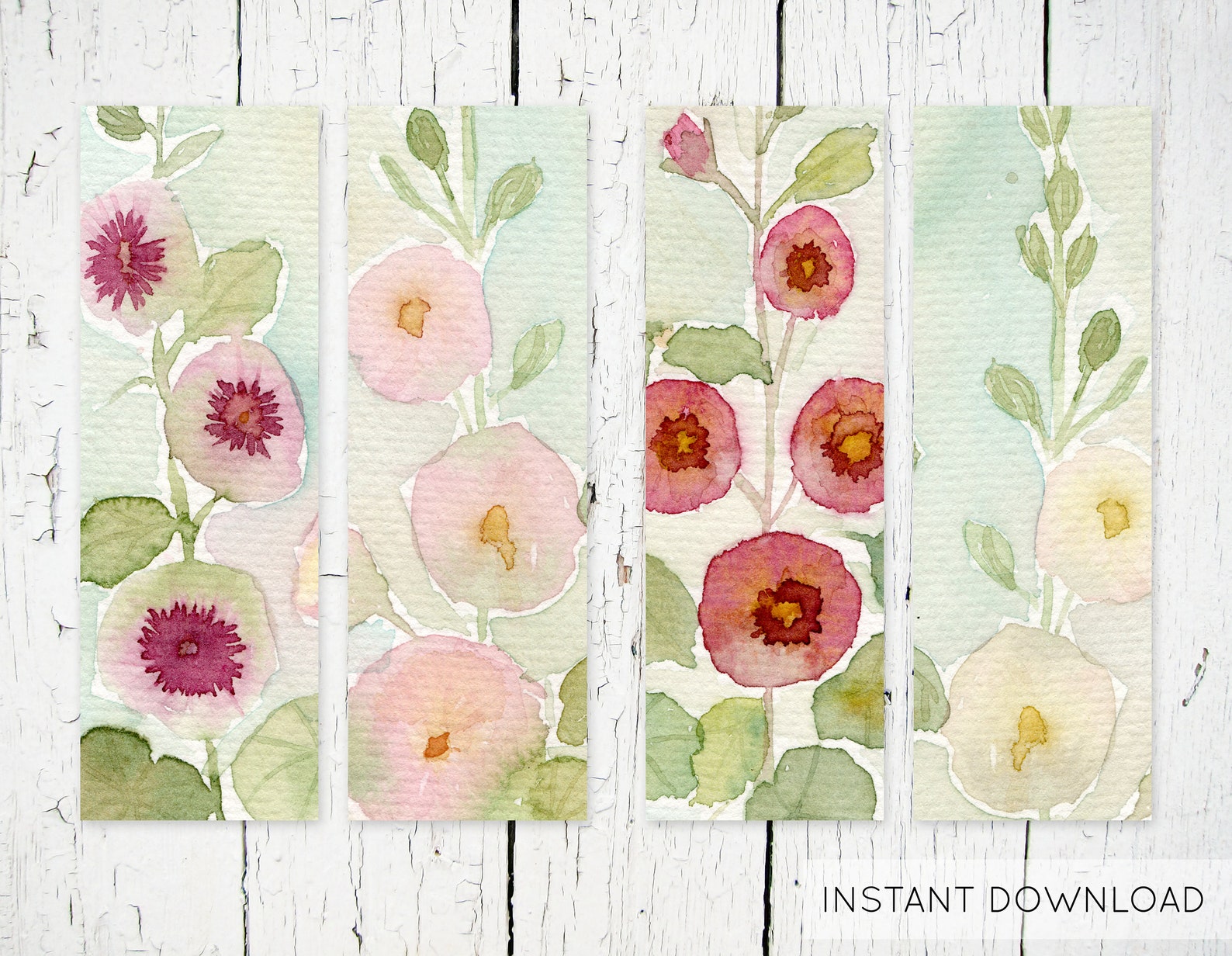 Flower Bookmarks, Printable Bookmark Set, Hollyhock Art, Watercolor ...