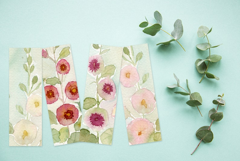 Flower Bookmarks, Printable Bookmark Set, Hollyhock Art, Watercolor ...