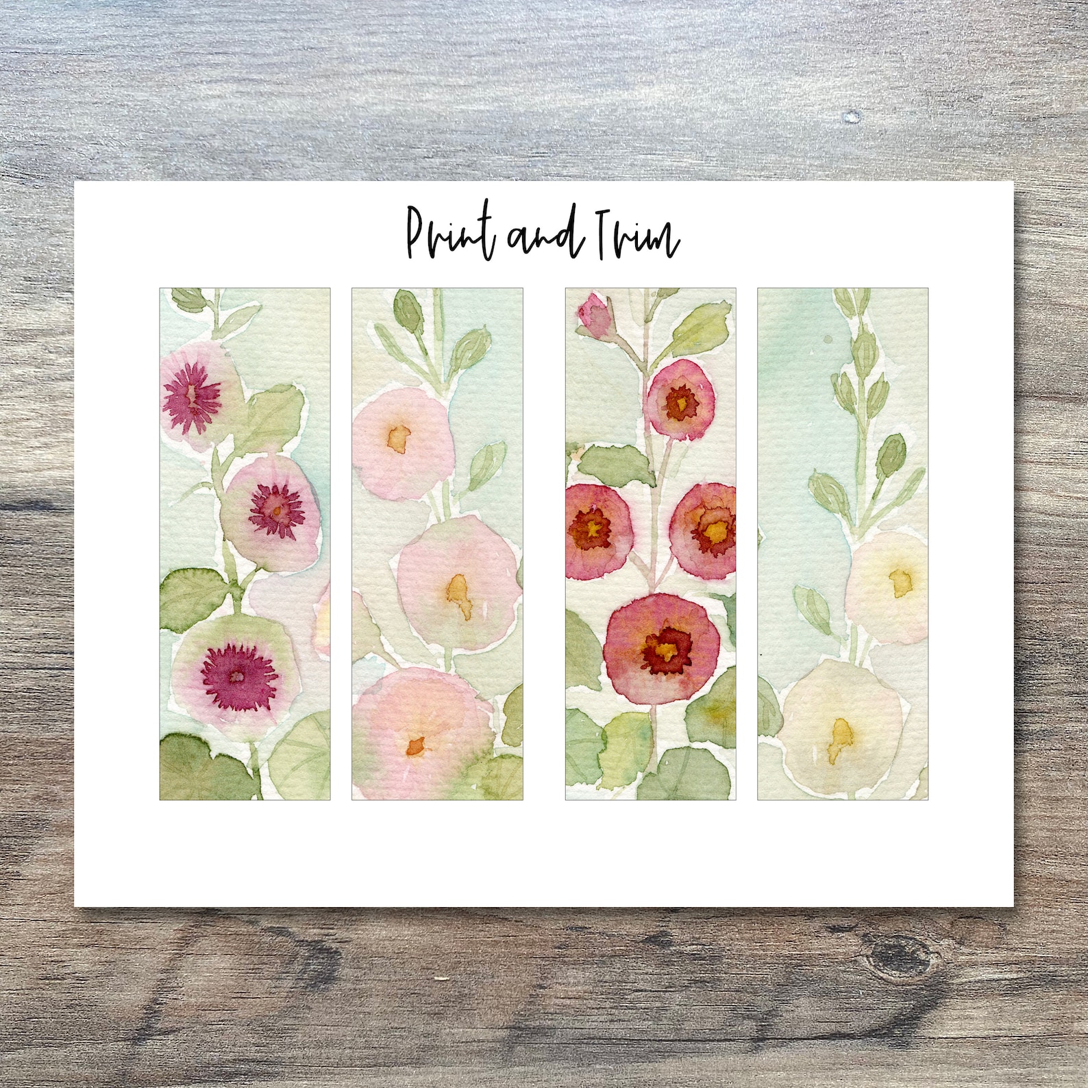 Flower Bookmarks, Printable Bookmark Set, Hollyhock Art, Watercolor ...