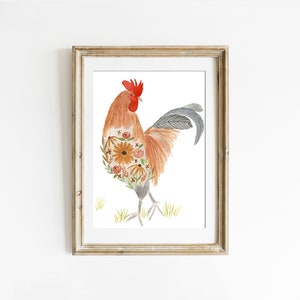 Floral Rooster Print, Rooster Painting, Rooster Art, Watercolor Rooster ...
