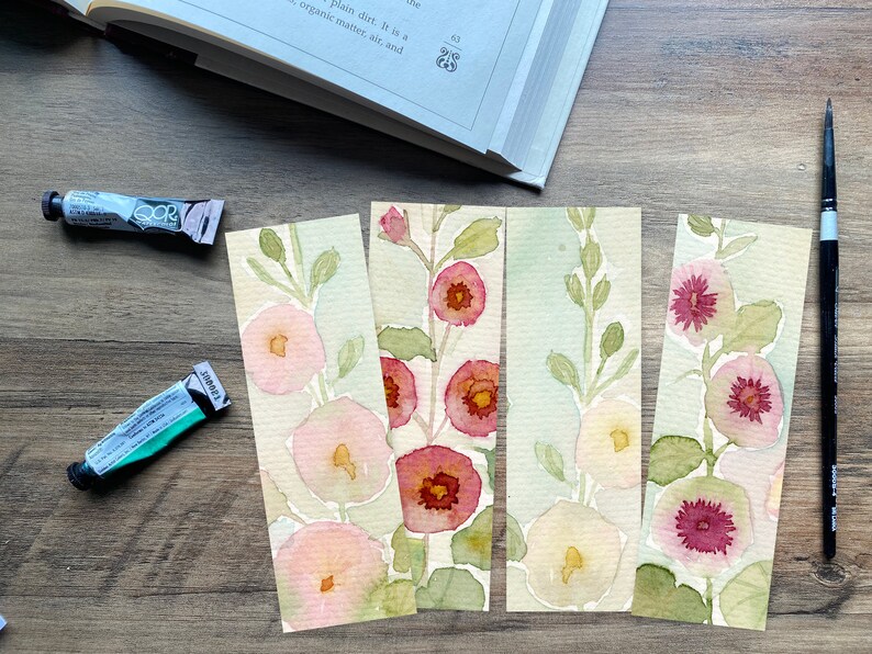Flower Bookmarks, Printable Bookmark Set, Hollyhock Art, Watercolor ...