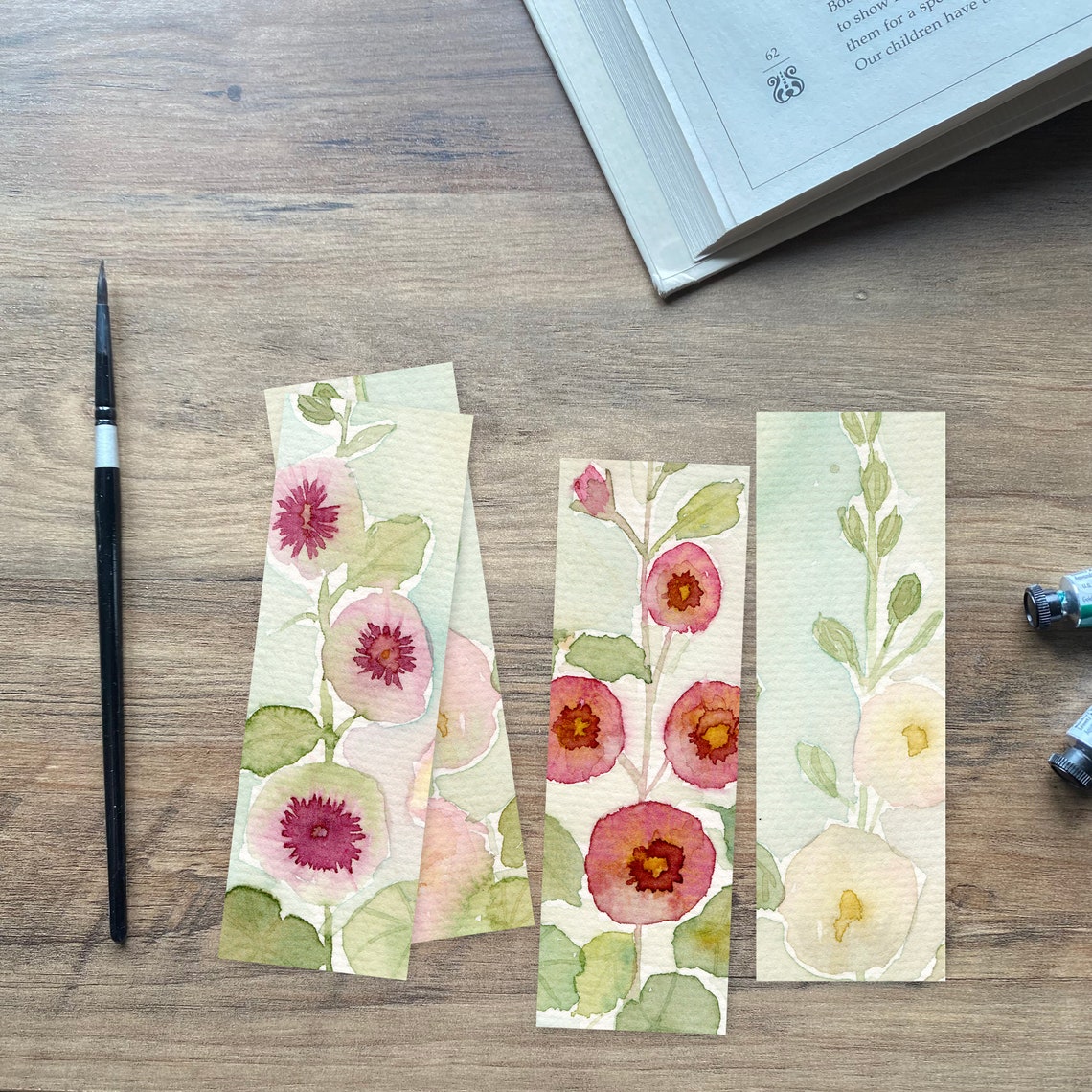 Flower Bookmarks, Printable Bookmark Set, Hollyhock Art, Watercolor ...