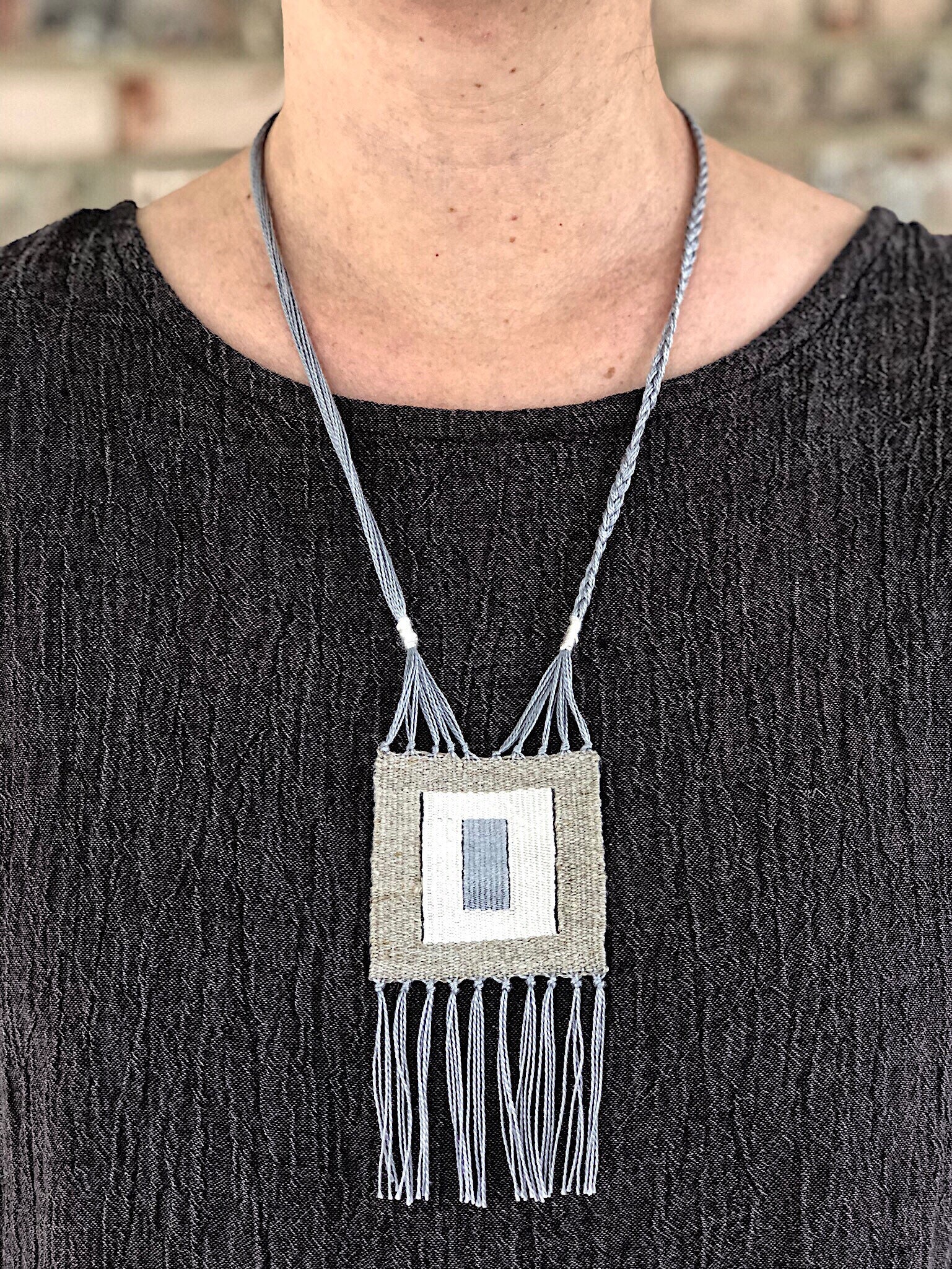 Modern Woven Necklace - Tapestry Necklace - Linen Necklace - Tassel ...