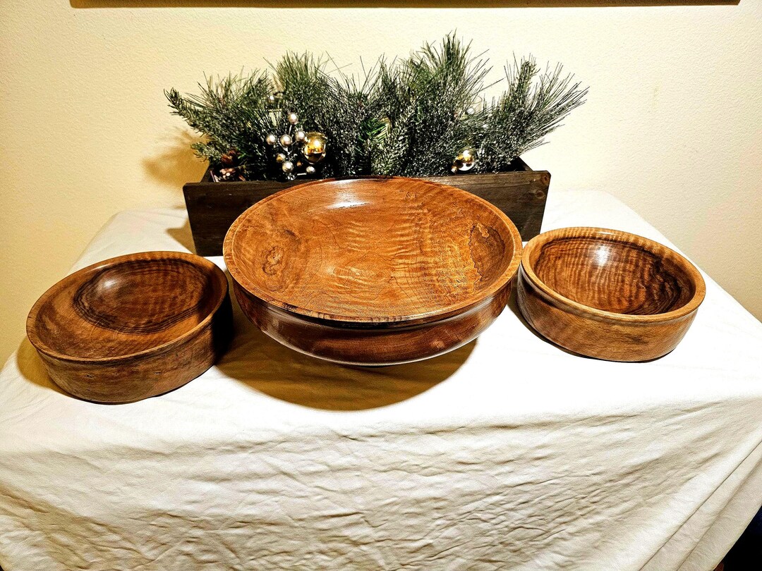 Large Wooden Bowl With a Pedestal, Made From Walnut. Also, Two Smaller ...