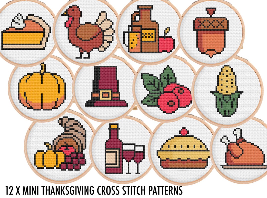 12 X Thanksgiving Cross Stitch Charts / 2.5 Inch - 3 Inch Cross Stitch ...
