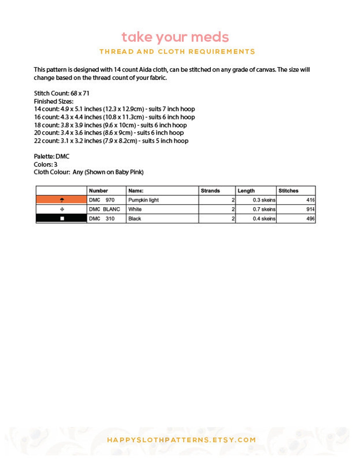 Take Your Meds Cross Stitch Pattern Medication Reminder | Etsy