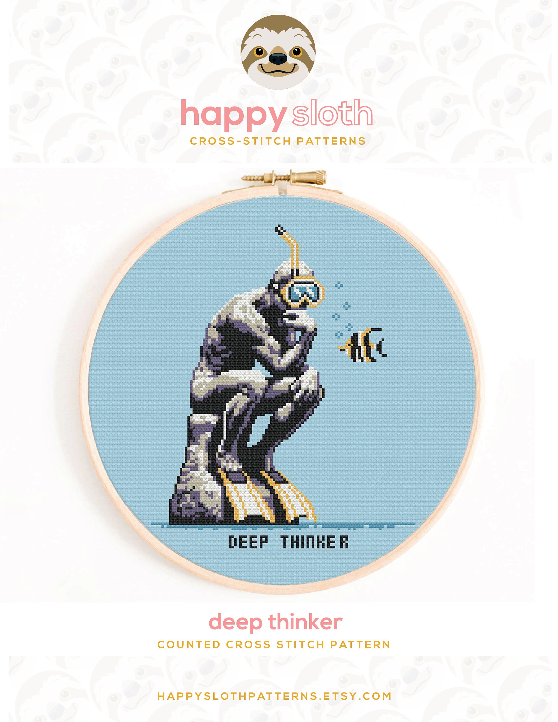 Funny Deep Thinker Cross Stitch Pattern: Scuba Diver Rodin (digital ...