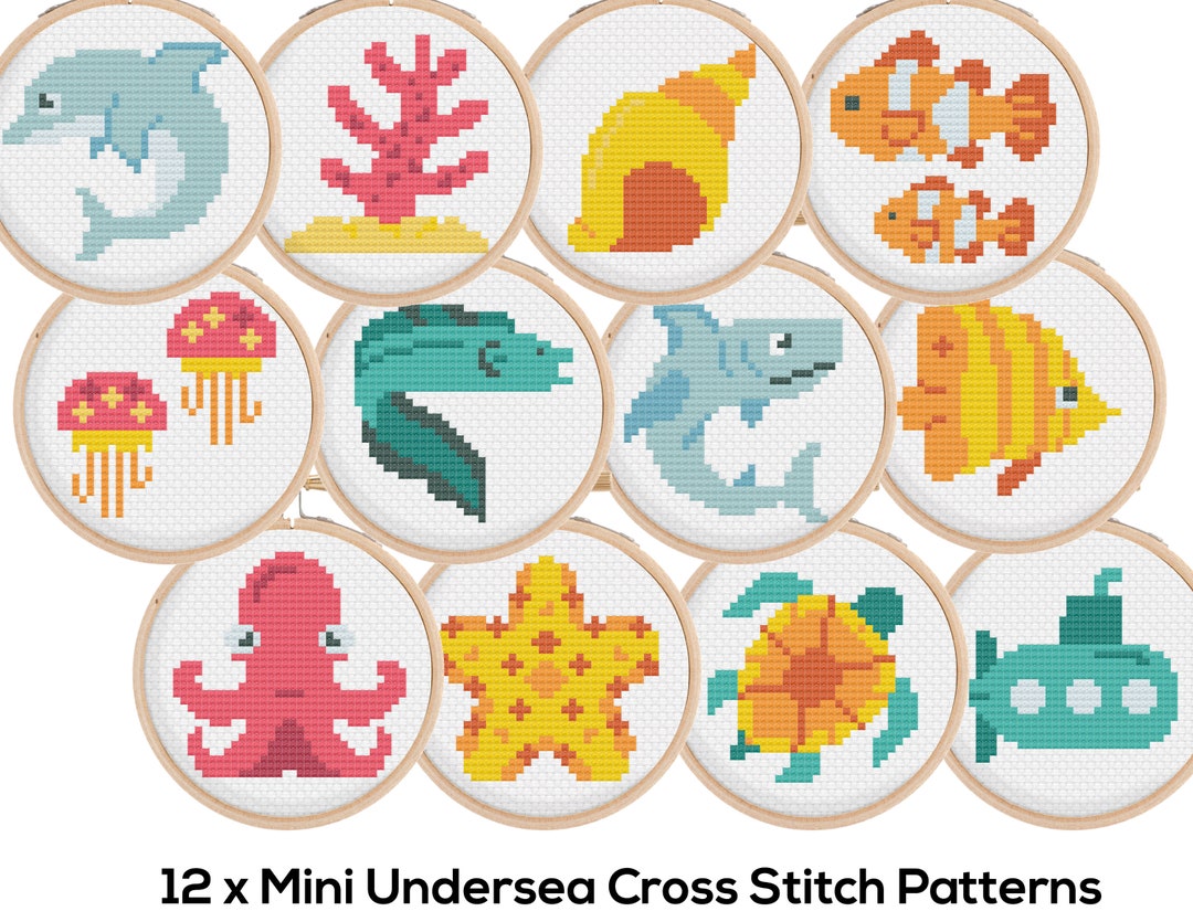 12 X Mini Undersea Cross Stitch Charts / 2.5 Inch - 3 Inch Cross Stitch ...