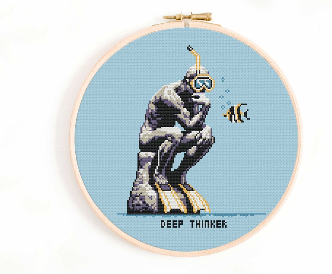 Funny Deep Thinker Cross Stitch Pattern: Scuba Diver Rodin (digital ...