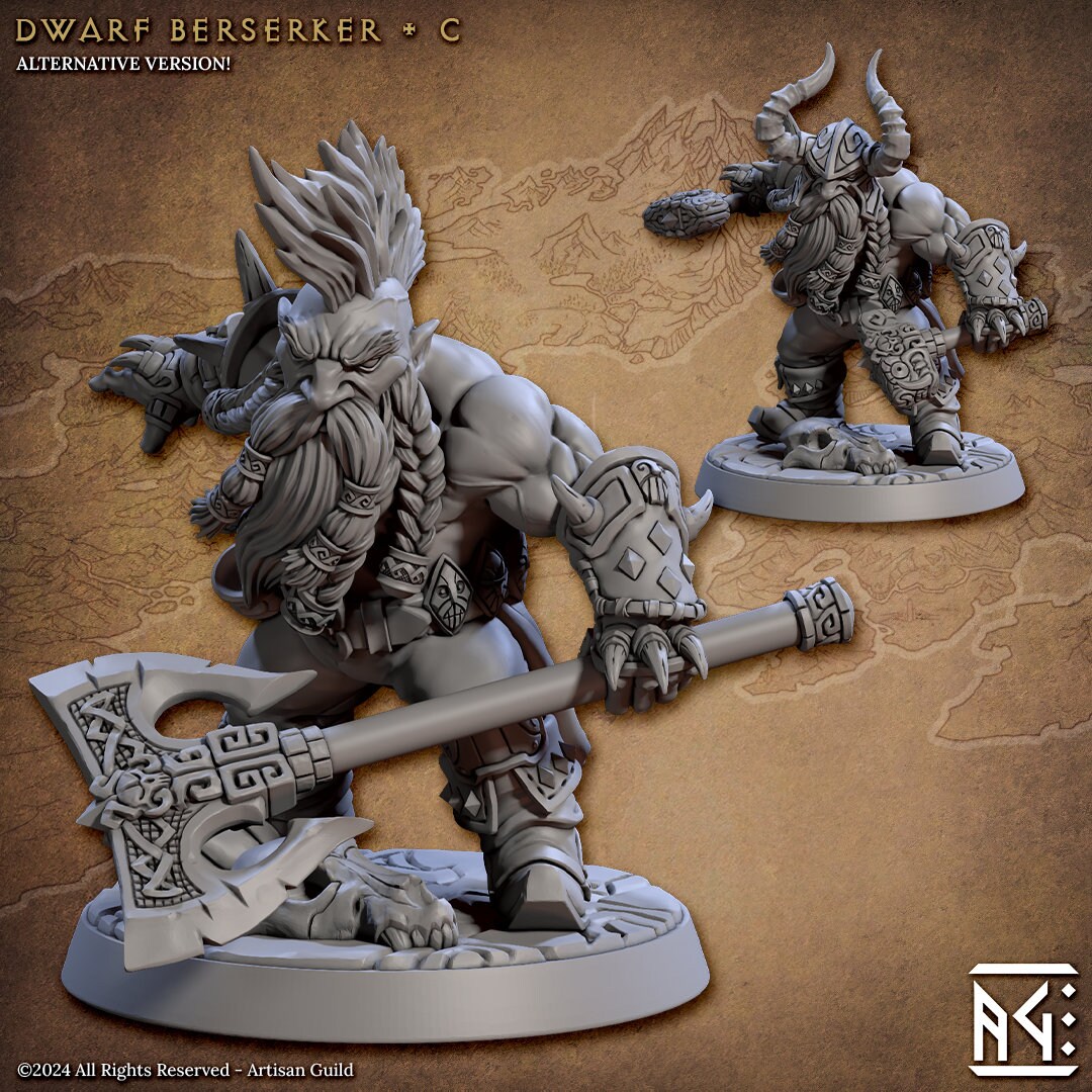 Dwarven Berserker V3 (30mm Base) 3D Printed Resin Miniature | Tabletop ...