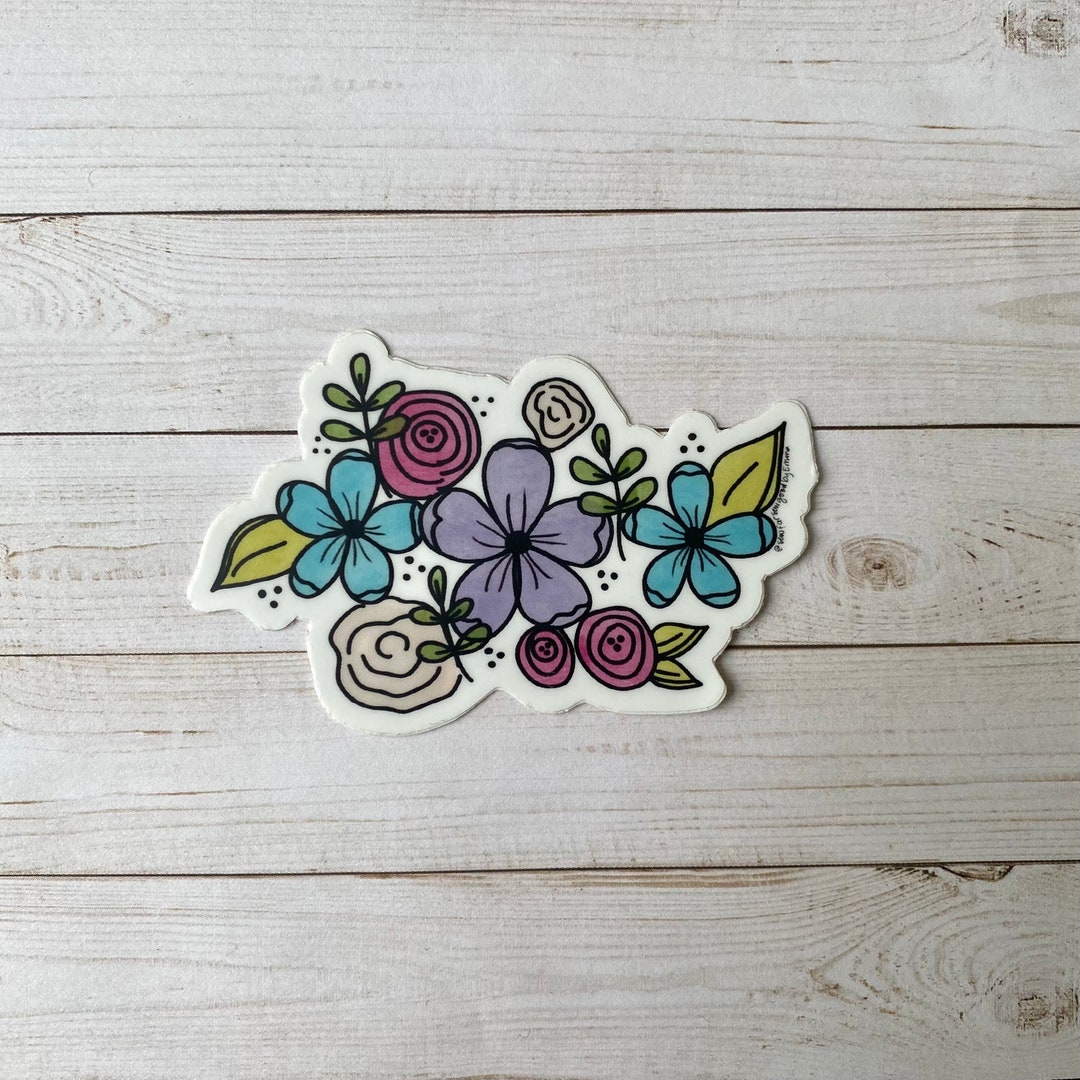 Purple, Blue, Pink Flowers With Leaves Sticker Roses Vinyl Decal ...