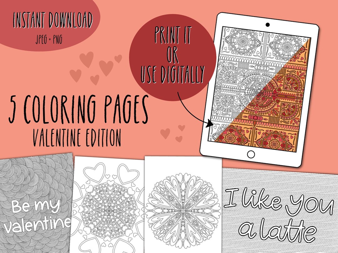 5 Coloring Pages Valentine Edition, Coloring Pages - Etsy