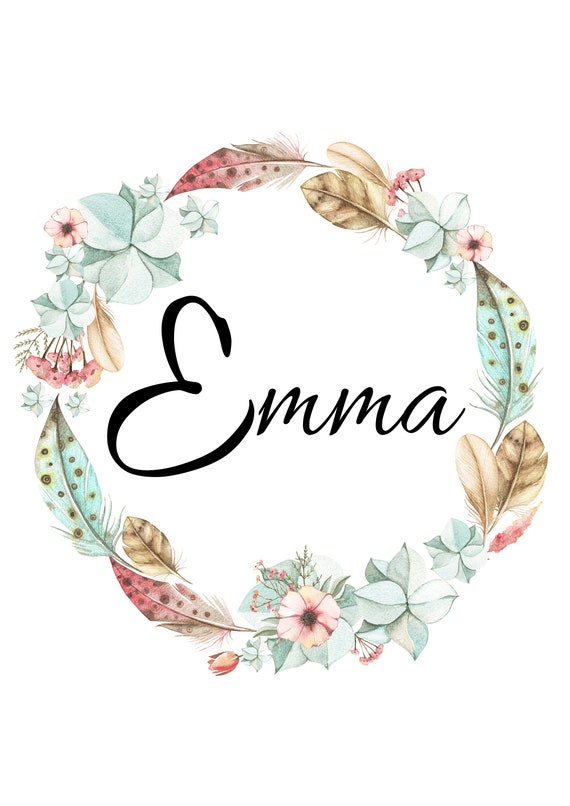 Name EMMA Boho Watercolor Botanical Feather Pastels Wall Art - Etsy