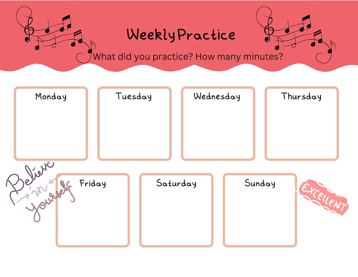 Music Practice Chart Weekly Piano Lessons Music Lessons Piano Printable ...