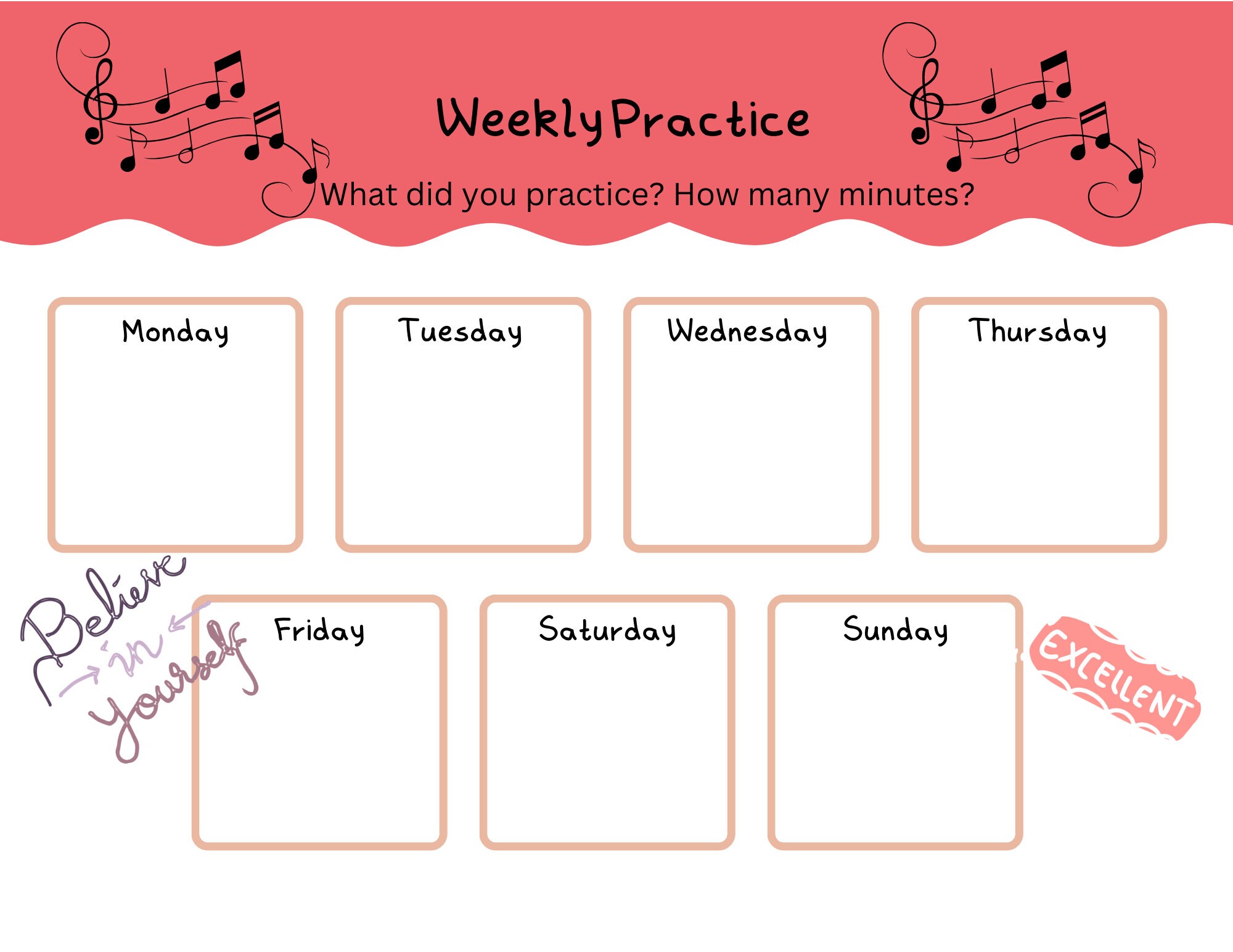 Music Practice Chart Weekly Piano Lessons Music Lessons Piano Printable ...