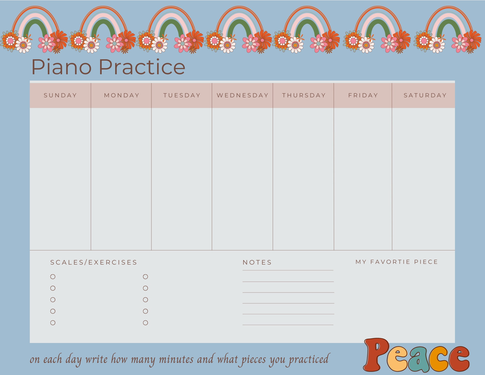 Piano Practice Charts Scale Tracker Practice Tracker Repertoire List ...