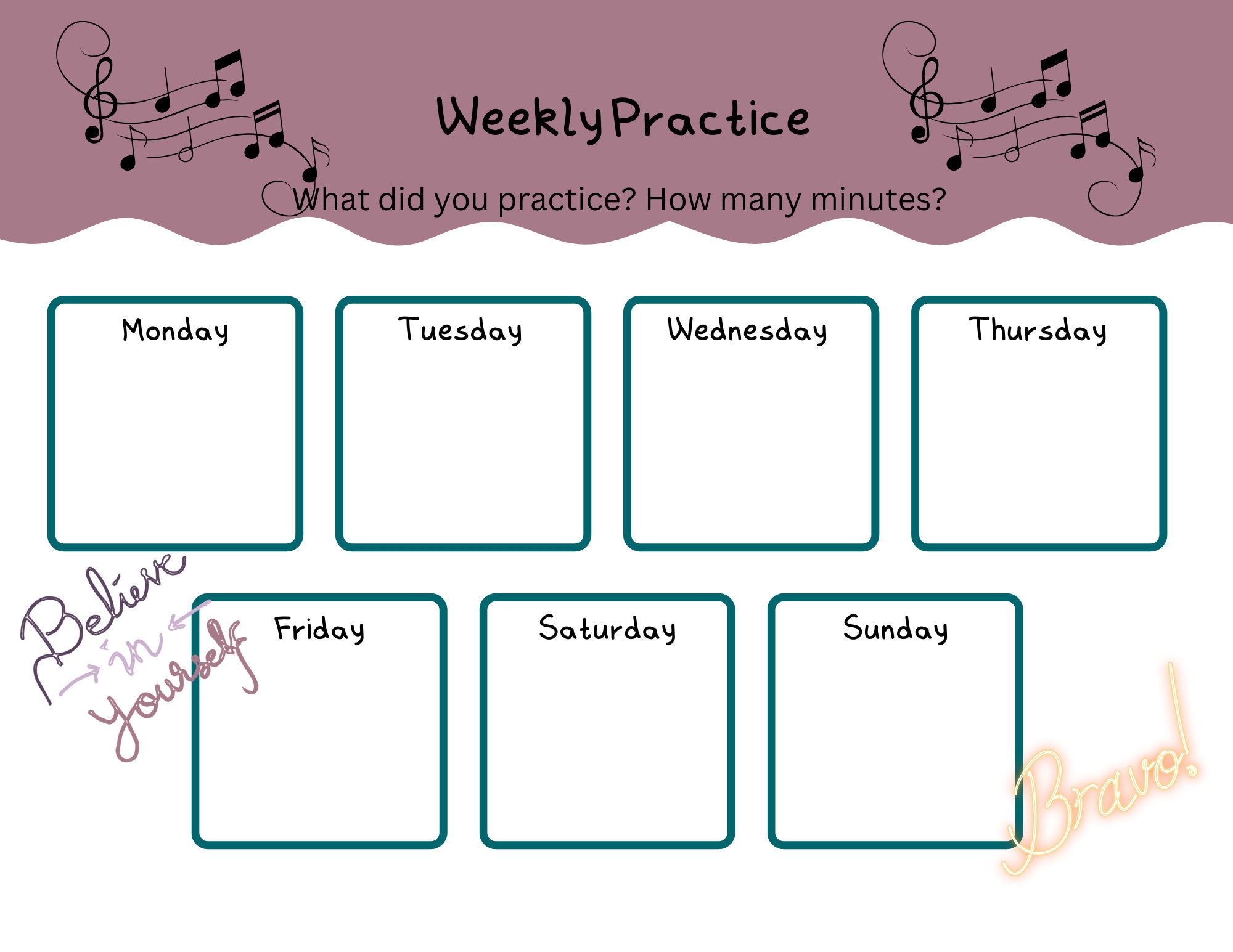 Music Practice Chart Weekly Piano Lessons Music Lessons Piano Printable ...