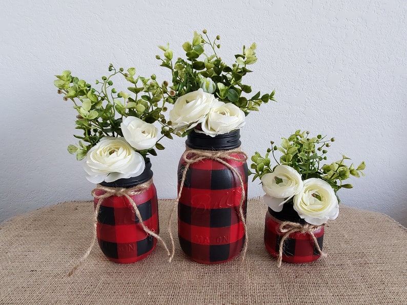 Red Buffalo Check Mason Jar Flower Vase Buffalo Plaid Mason - Etsy