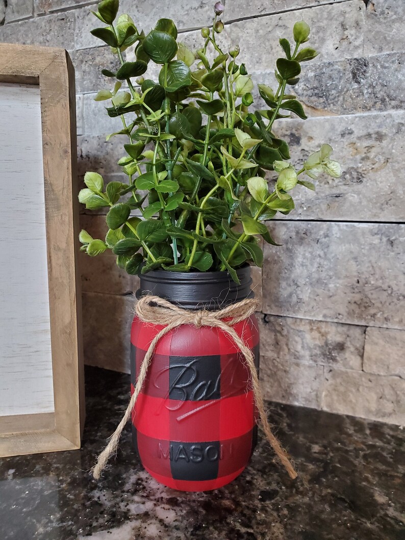 Red Buffalo Check Mason Jar Flower Vase Buffalo Plaid Mason - Etsy