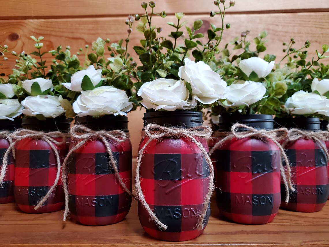 Red Buffalo Check Mason Jar Flower Vase Buffalo Plaid Mason - Etsy