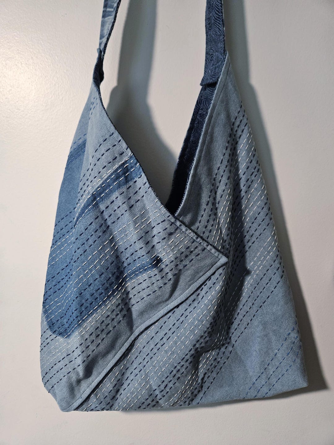 Upcycled Denim Shoulder Bag, Origami-style Hobo Bag With Sashiko ...