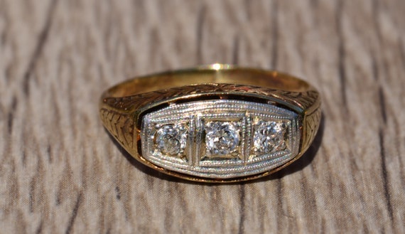 Antique Two Tone Hand Engraved Three Diamond Ring - Gem