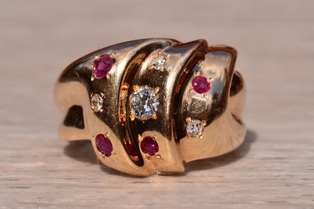 Ladies Vintage 14K Chunky Ruby and Diamond Cocktail Ring - Etsy