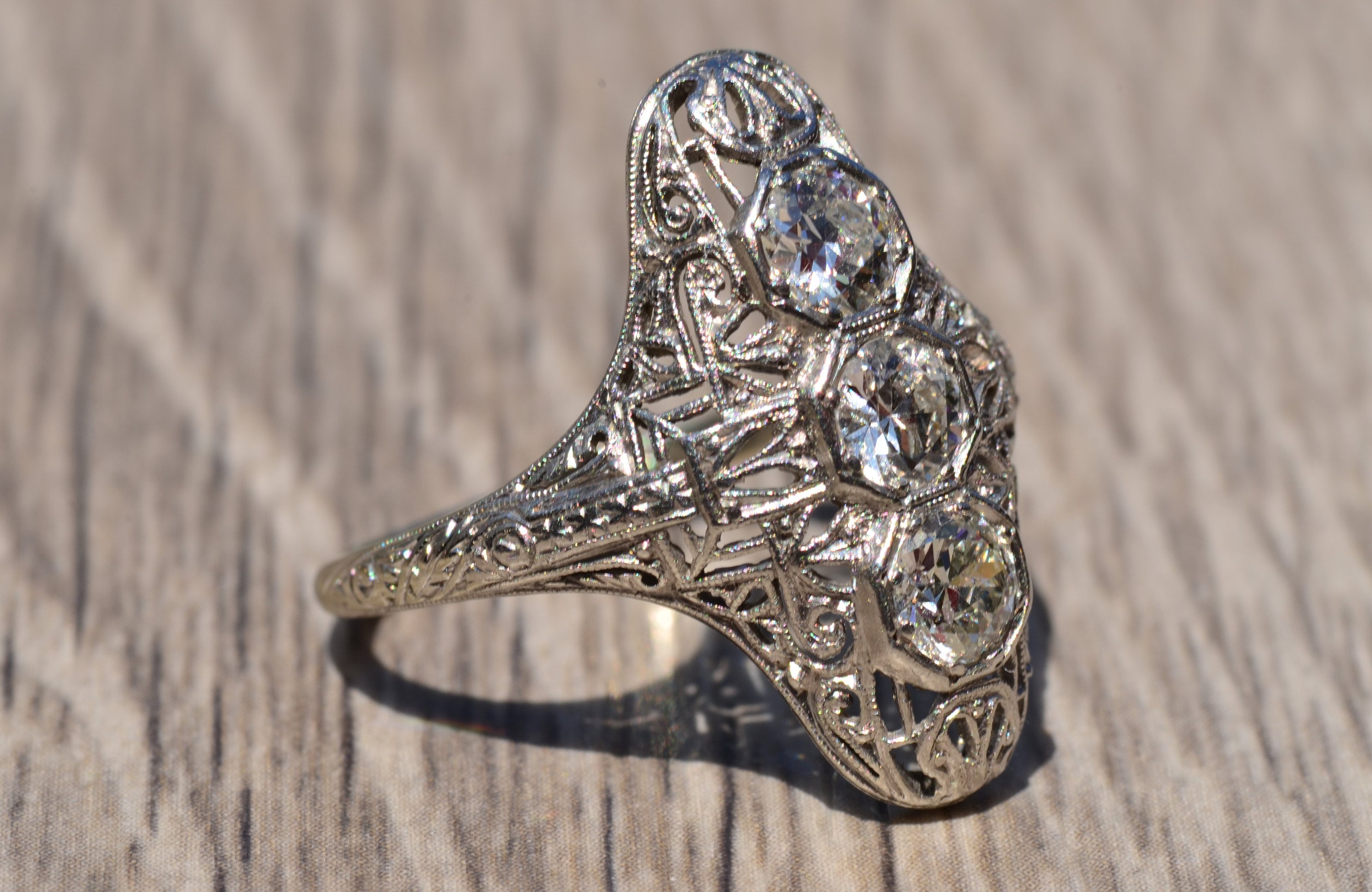Three Stone Filigree Ring in White Gold - Etsy