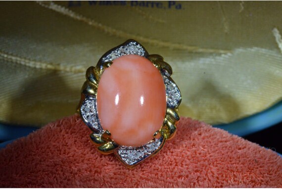 Beautiful Coral & Diamond Ring in Yellow Gold | Etsy