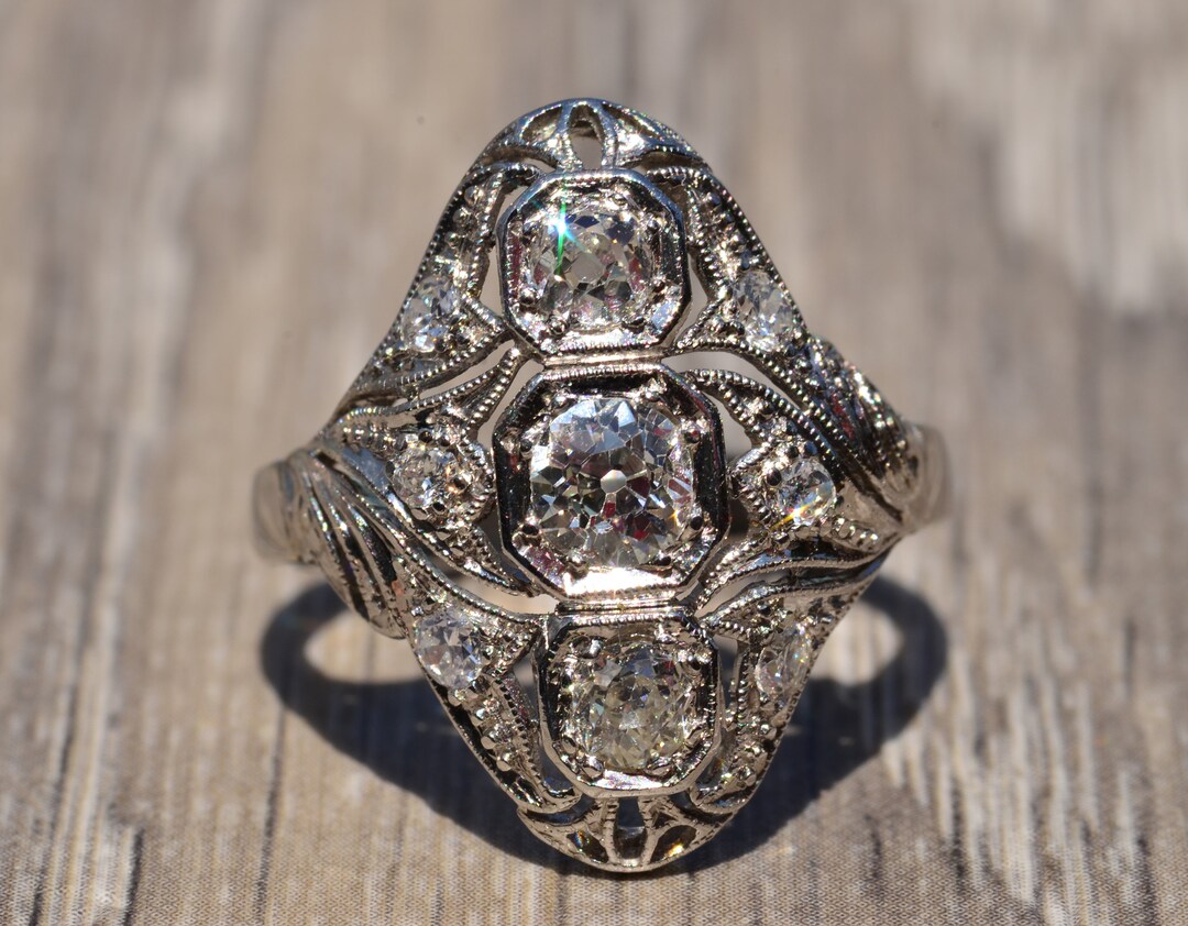 Three Stone Filigree Ring in Platinum - Etsy