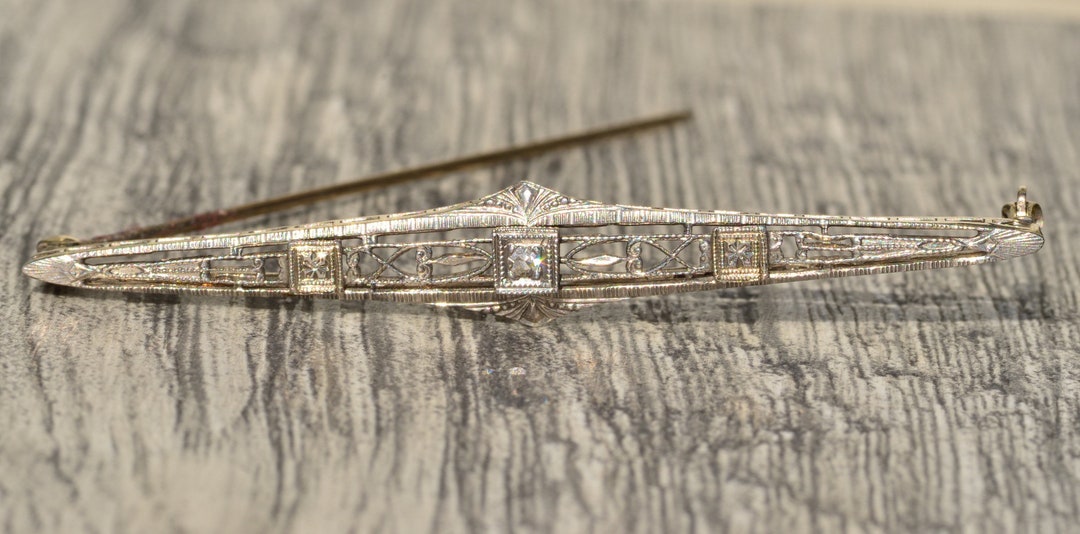 White Gold Filigree Ornate Filigree Bar Pin - Etsy