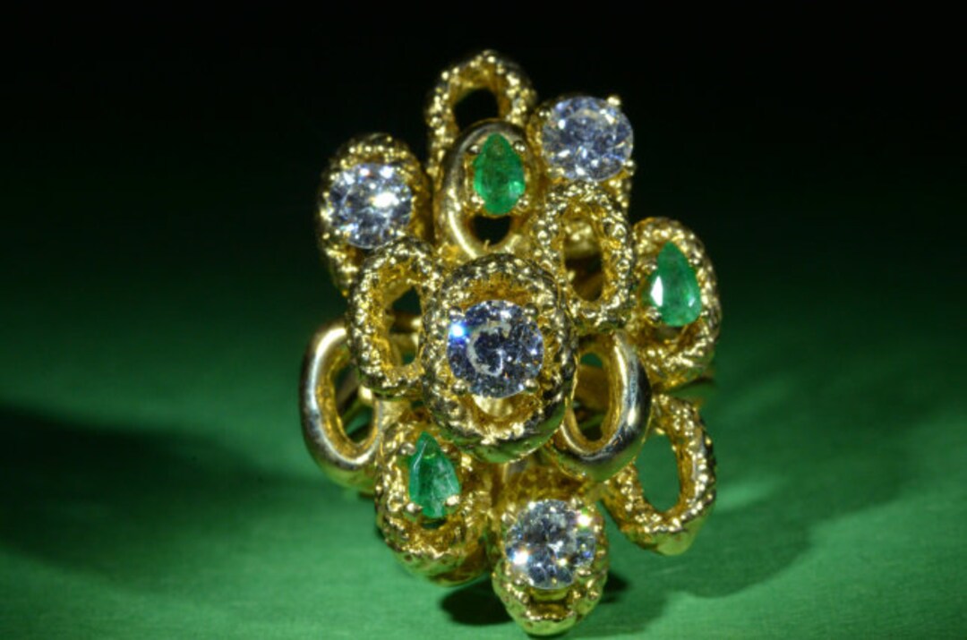 Vintage Modernist Ring Set With Diamonds & Emeralds - Etsy